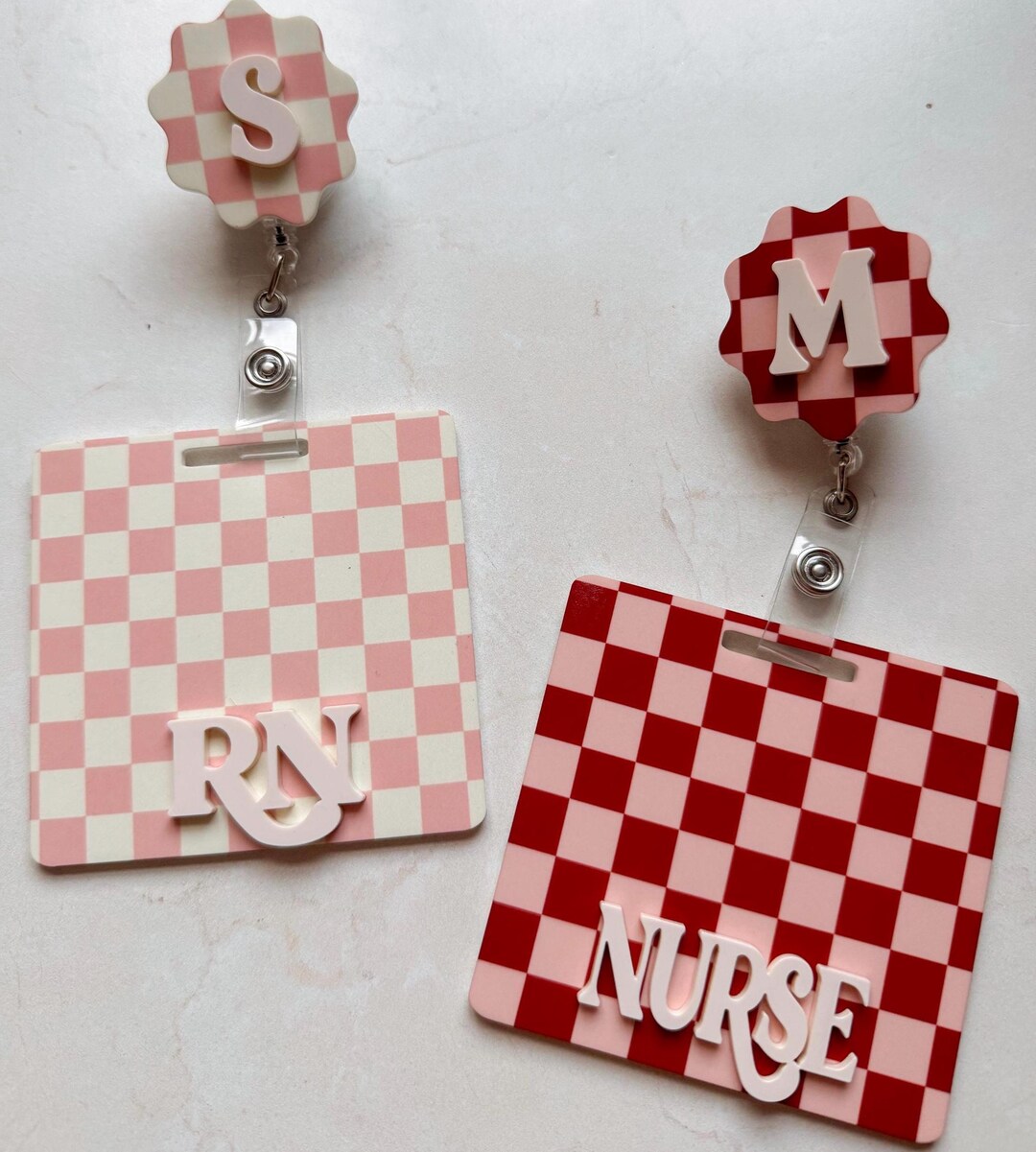 Checkered Pink Retro Red Badge Buddy Set Accessories for RN, Radtech ...