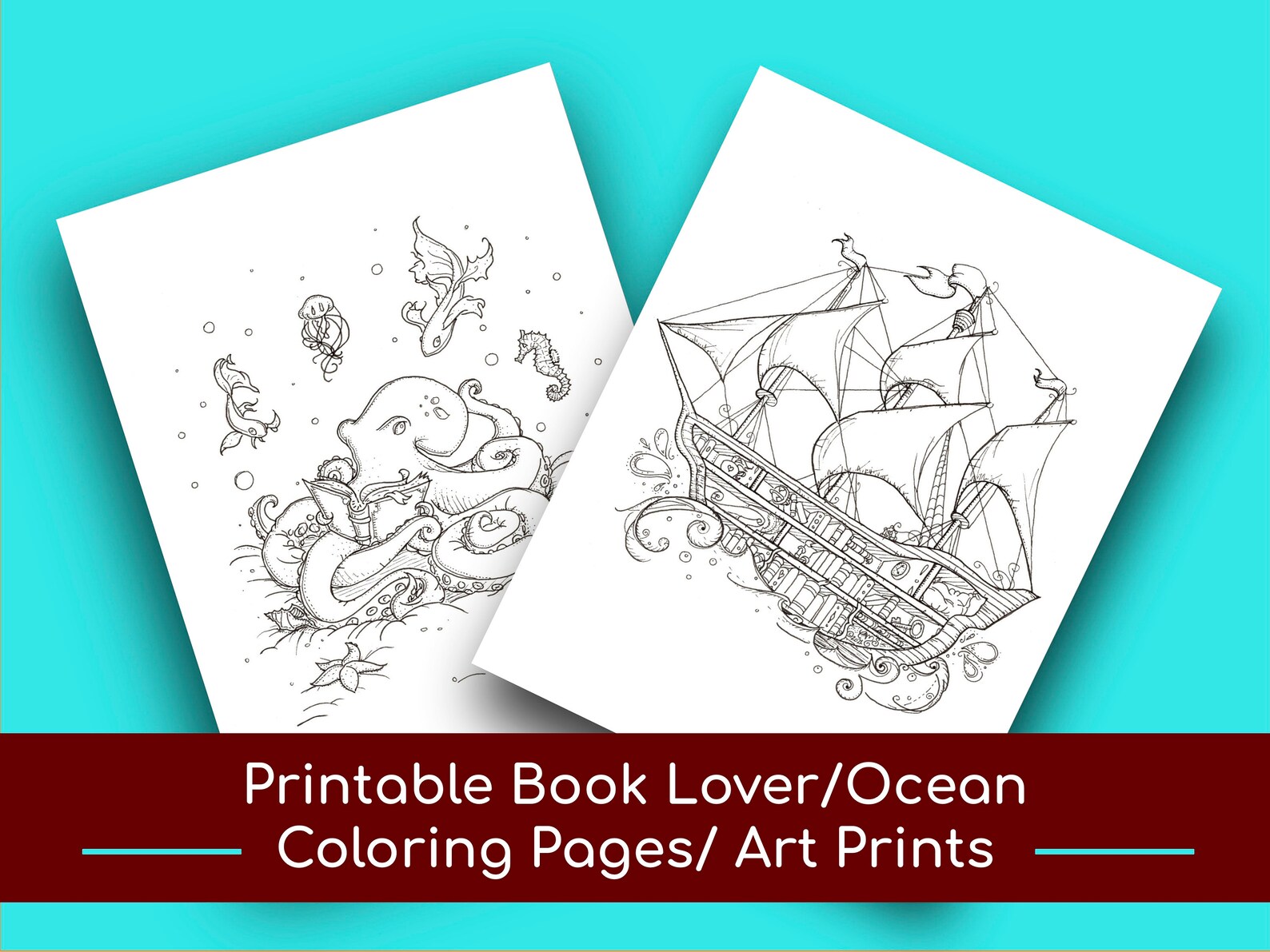 Printable Book Lover Ocean Coloring Pages/wall Art, Wall Decor, Nursery ...