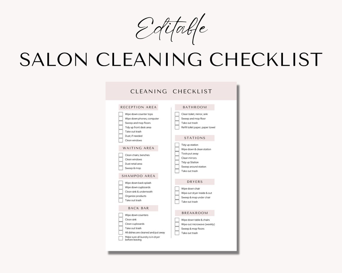 Salon Cleaning Checklist Editable, Cleaning Checklist Canva Template ...