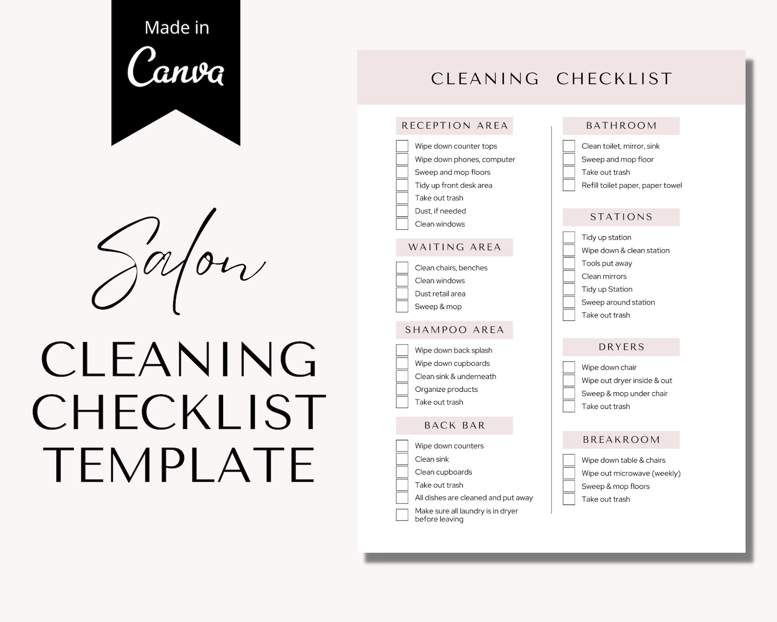 Salon Cleaning Checklist Editable, Cleaning Checklist Canva Template ...