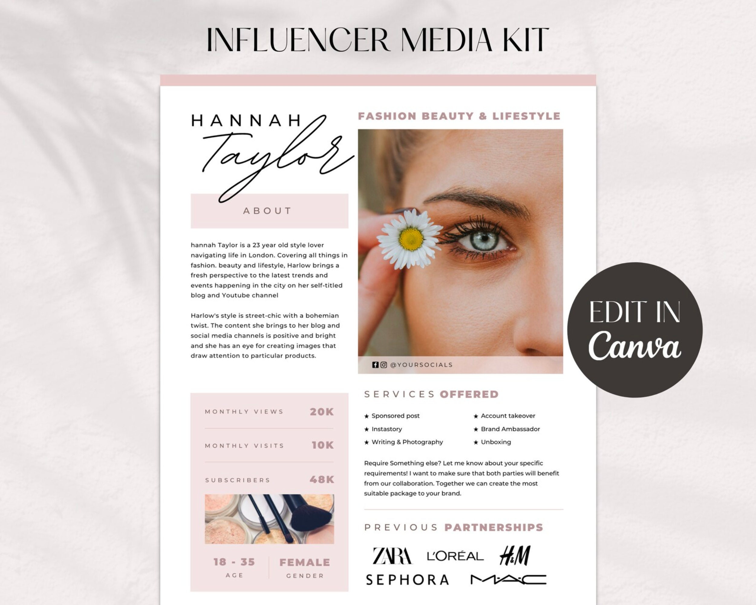 One Page Media Kit, Influencer Media Kit Canva Template, Media Kit for ...