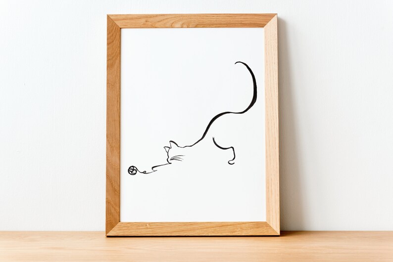 Cat Line Art / Cat and Ball of Yarn Wall Art / Cats Digital Art ...
