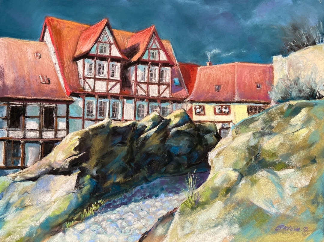 Medieval Scene. Pastel Painting, Original Art, Quedlinburg Abbey ...