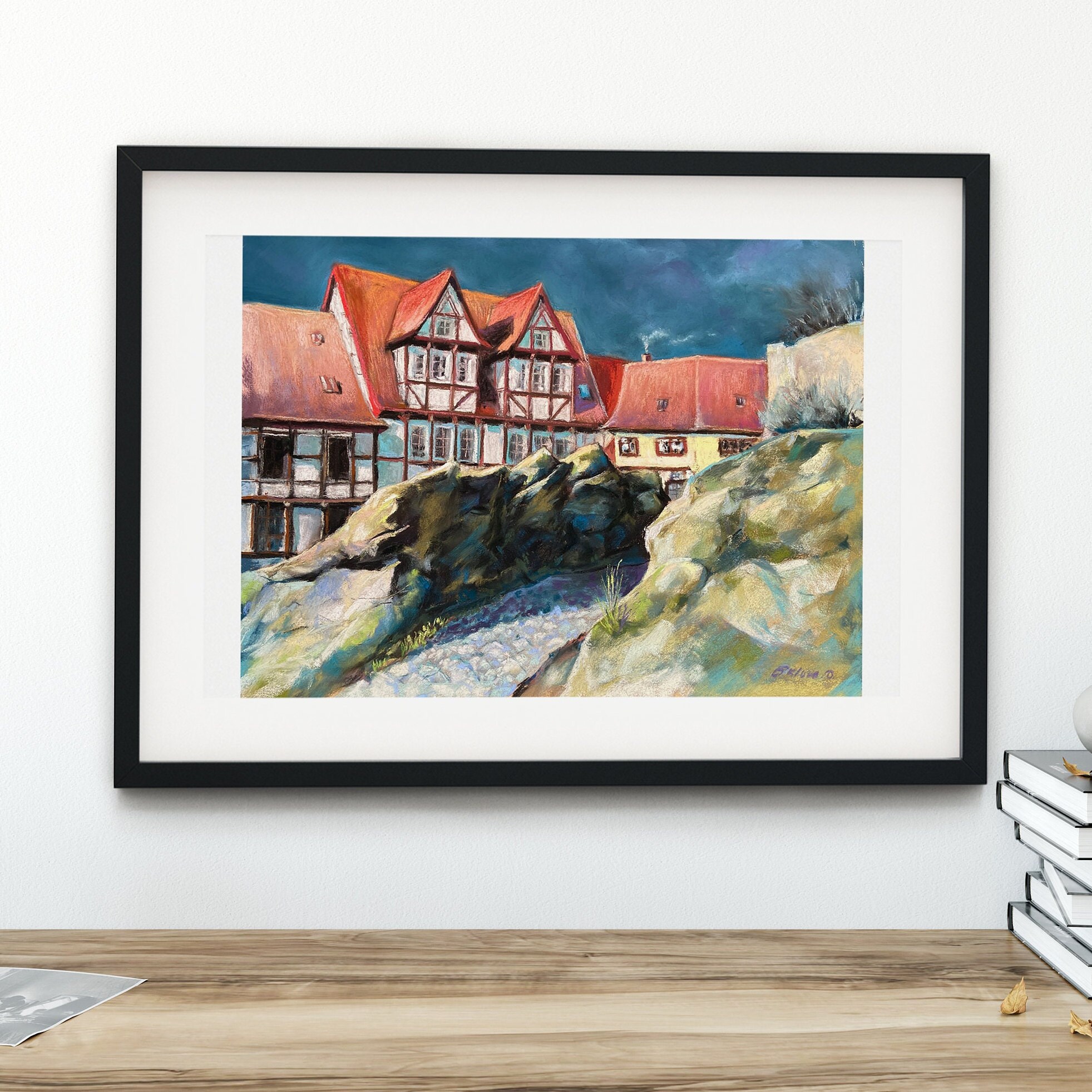 Medieval Scene. Pastel Painting, Original Art, Quedlinburg Abbey ...