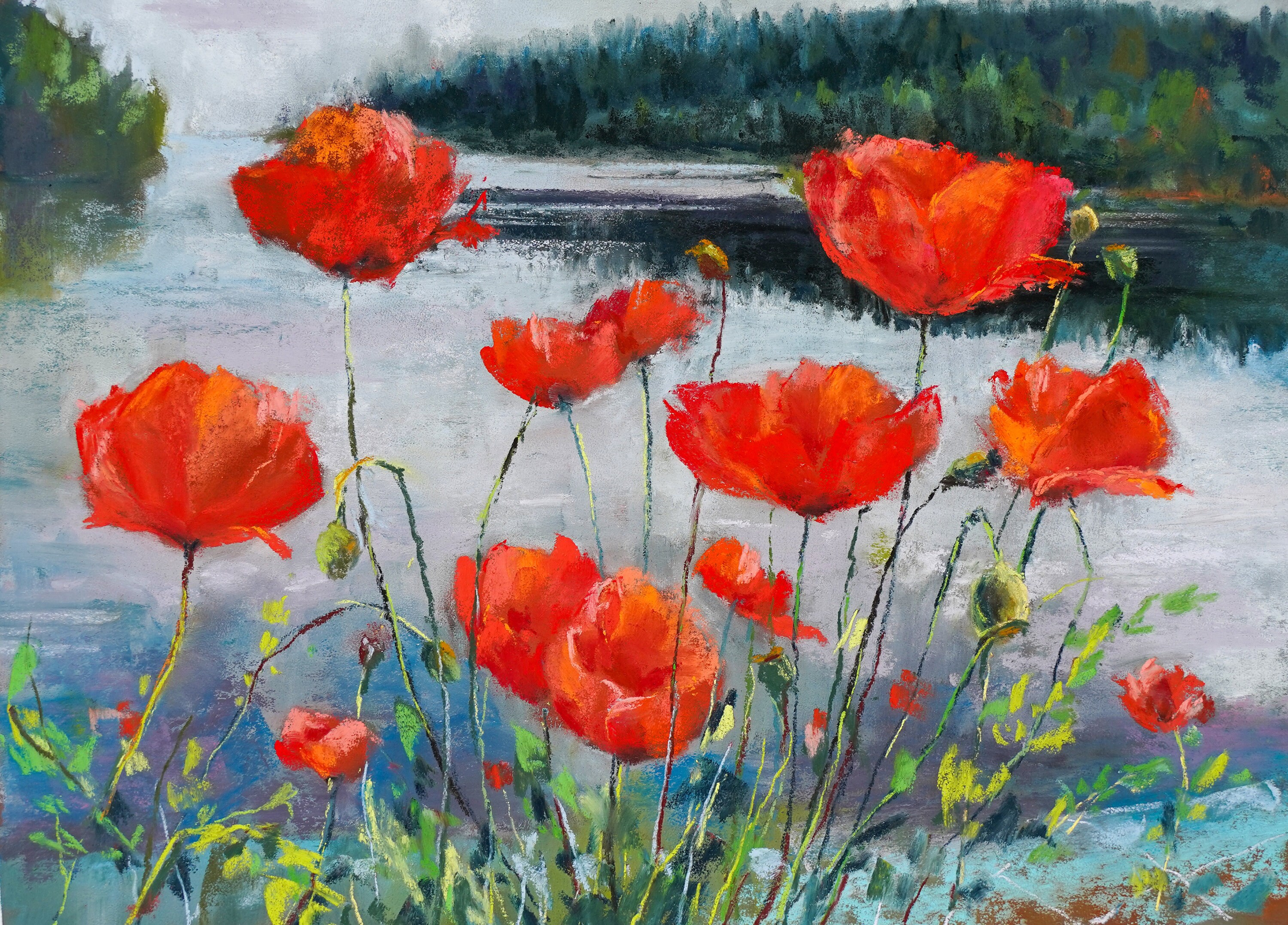 Red Poppies Pastel Painting, Original Art, Flowers Artwork, Wall Art ...