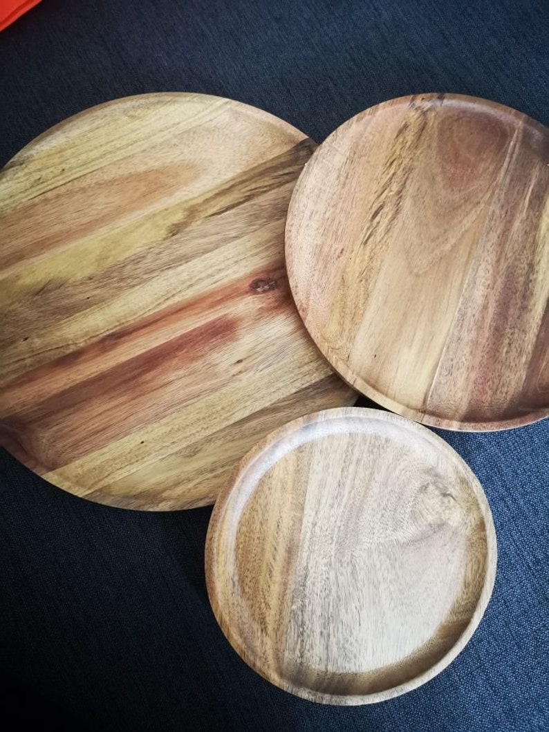 Large Wood Solid Wooden Pan Round Plates 25cm, Handmade Wooden Plates ...