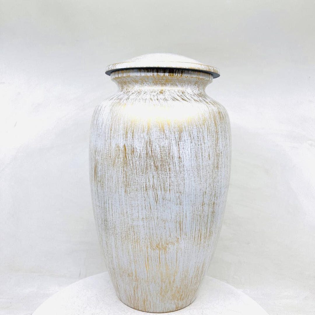 White and Golden Adult Cremation Urn - Handcrafted Aluminum Funeral Urn ...