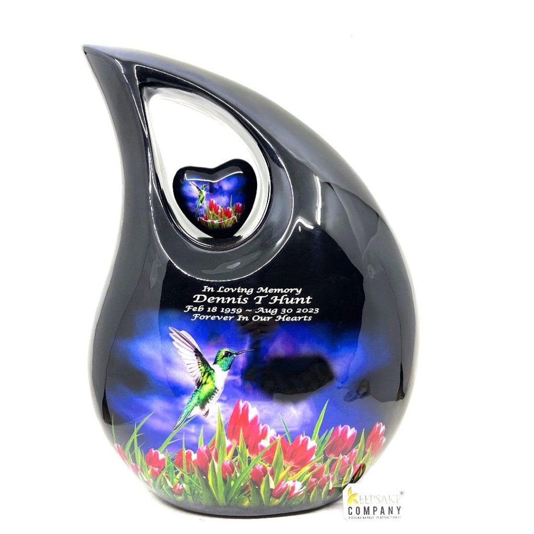 Extra Large Adult Black Teardrop Cremation Urn With Humming Bird - Urn ...