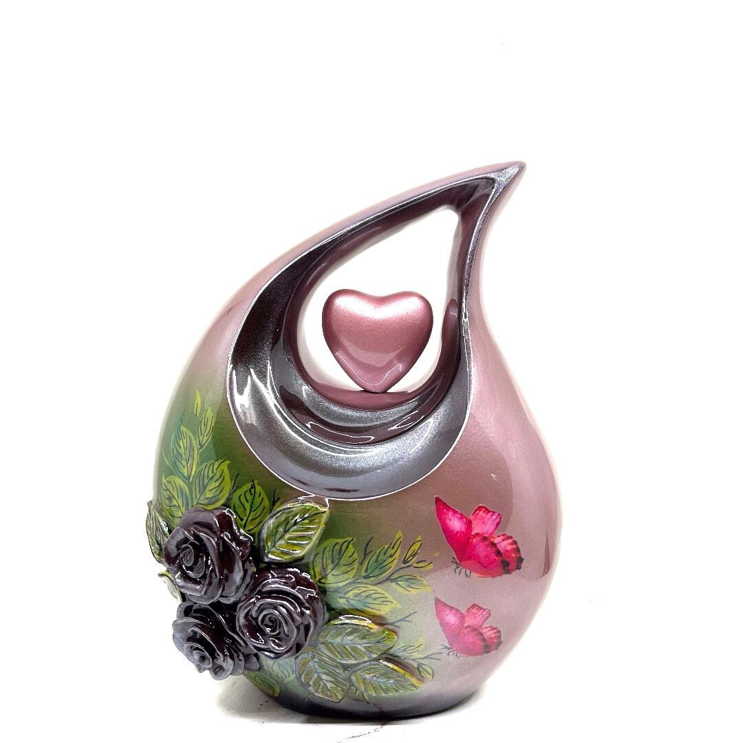 Burgundy Roses Cremation Urn for Ashes With 3D Flowers & Butterflies ...