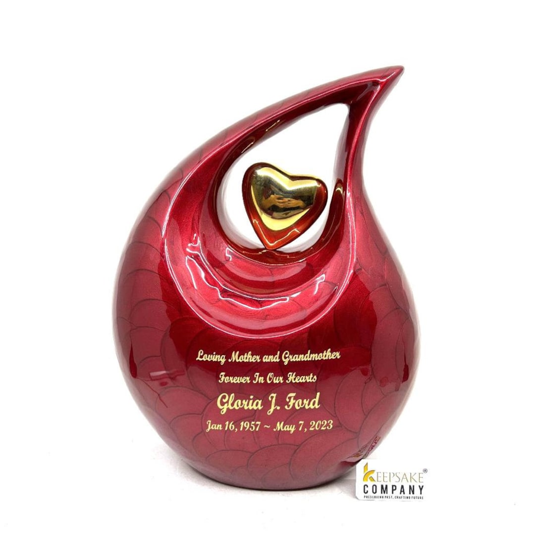 Red Teardrop Cremation Urn With 24 Carats Gold Plated Heart - Urns for ...