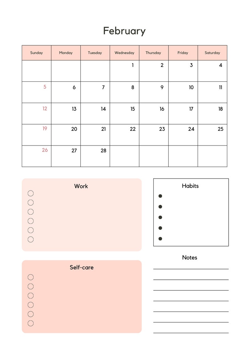 Undated Monthly Planner Printable, Month on Two Pages, Month at a ...
