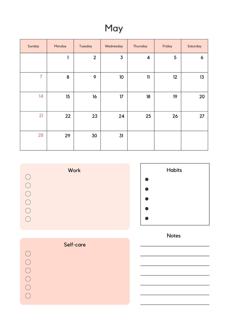 Undated Monthly Planner Printable, Month on Two Pages, Month at a ...