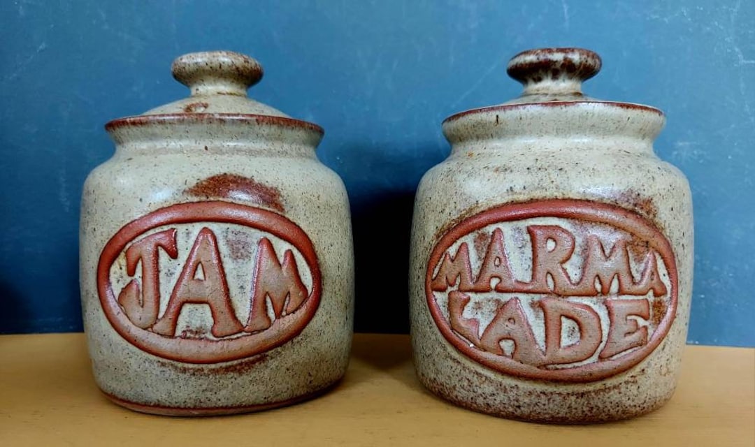 A Charming Pair of Vintage Studio Pottery Lidded Jam and Marmalade Pots ...