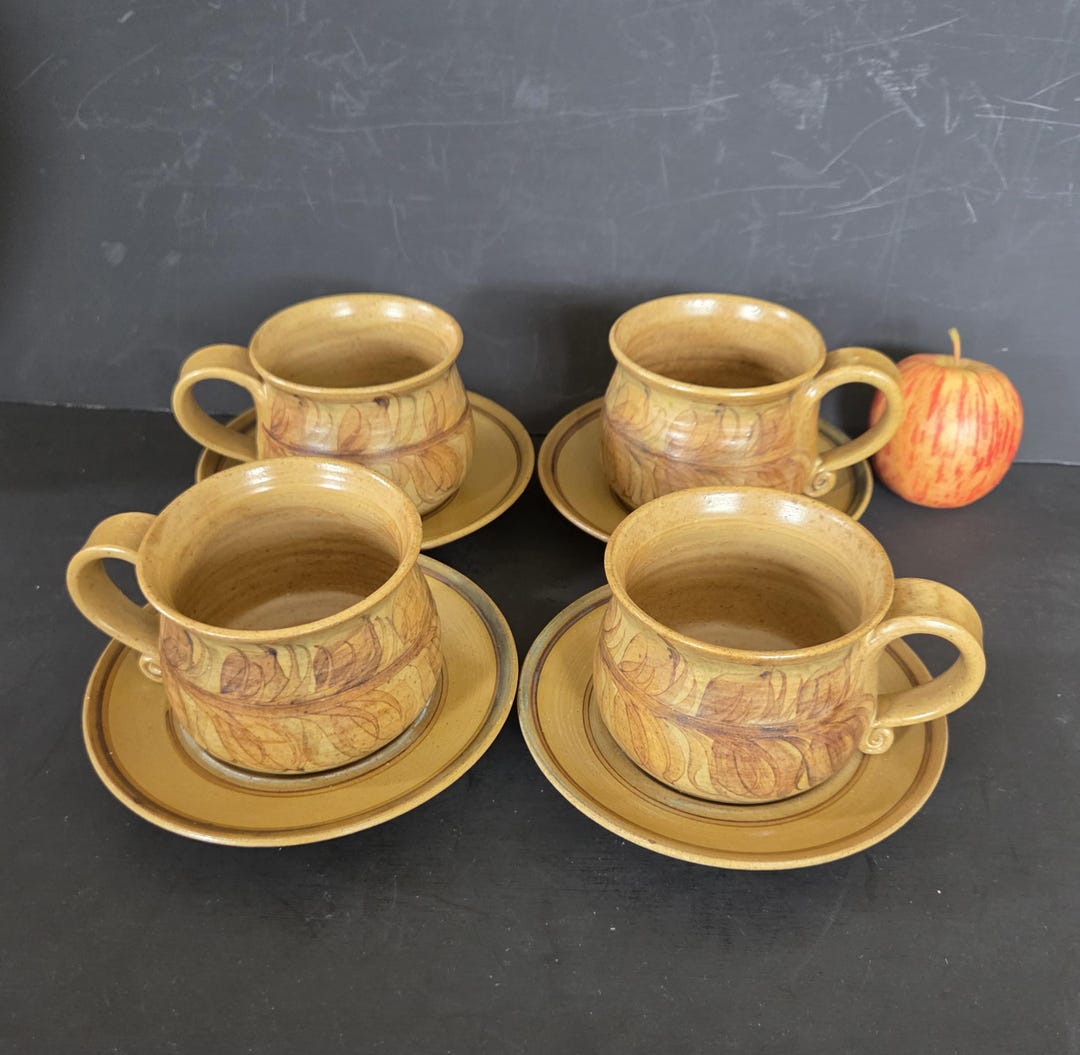 Vintage Alvingham Pottery Coffee Cup Set, Golden Glaze, Hand-painted ...