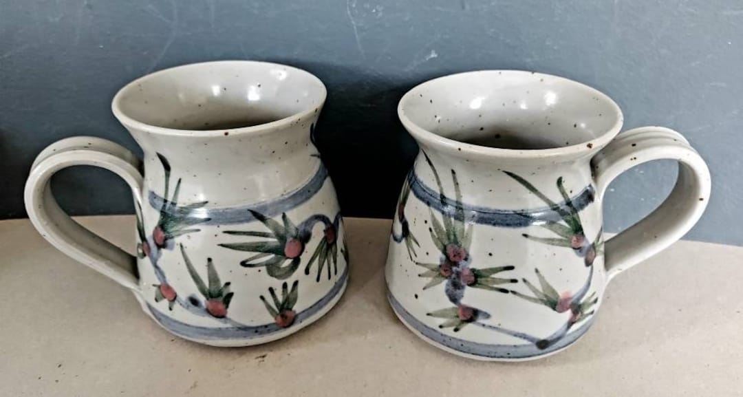 A Pretty Pair of Vintage Studio Pottery Mugs With Handpainted Floral ...