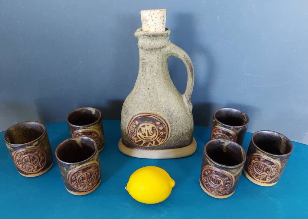 Vintage Ceramic Wine Flagon and 6 Tumblers, Made by Tremar Pottery ...