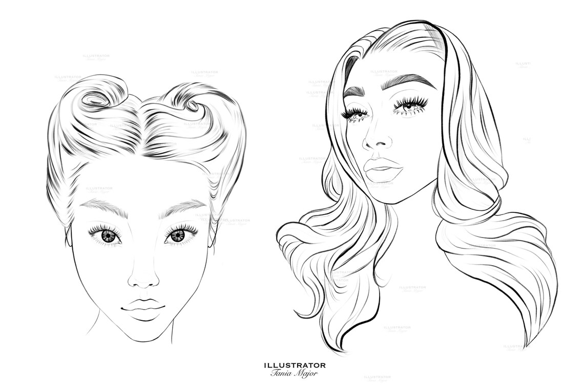 Coloring Pages, Face Clipart, Female Face PNG, Portrait Line Art, 5 PNG ...