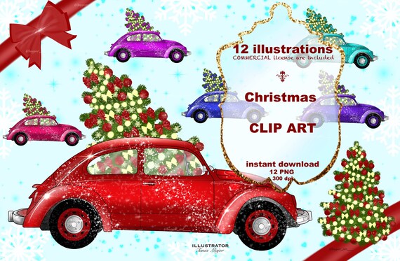 Christmas Retro Car Clipart Christmas PNG Winter Clipart | Etsy