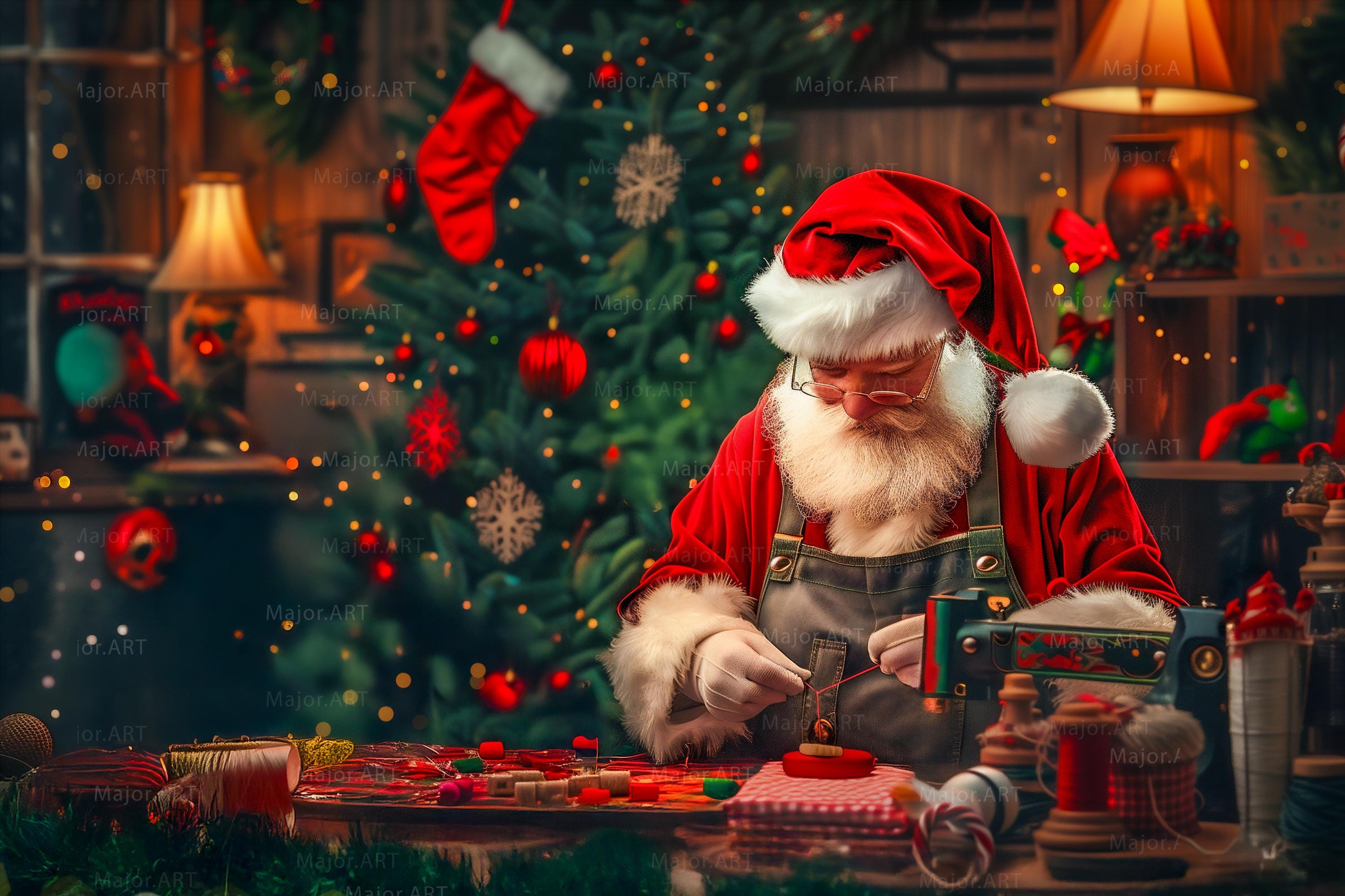 Santa's Workshop, Heartwarming Christmas Scene With Santa Crafting Toys ...