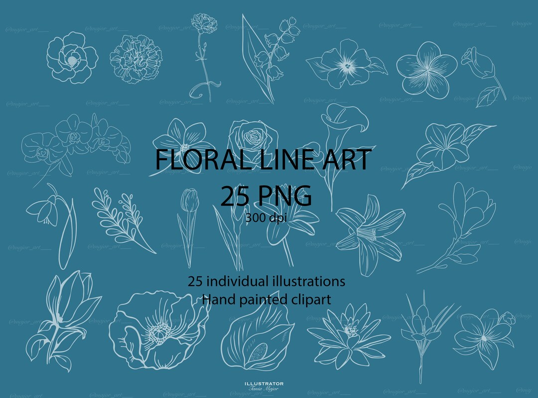 Flowers Clipart, Flower Outlines, Floral Line Art, 25 Floral Individual ...