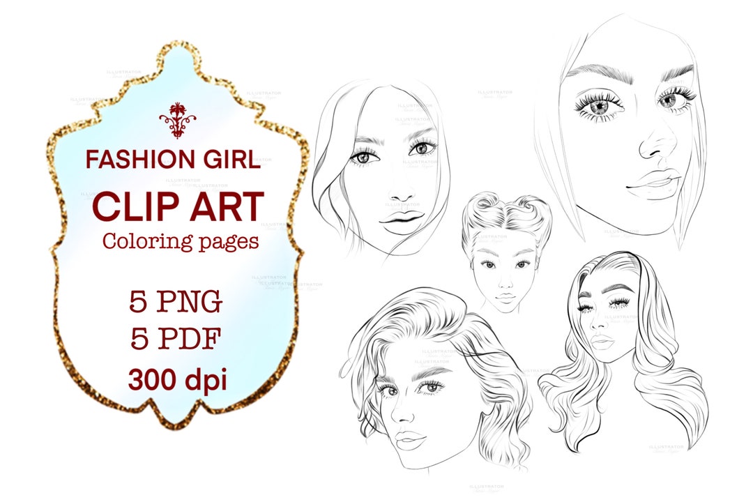 Coloring Pages, Face Clipart, Female Face PNG, Portrait Line Art, 5 PNG ...