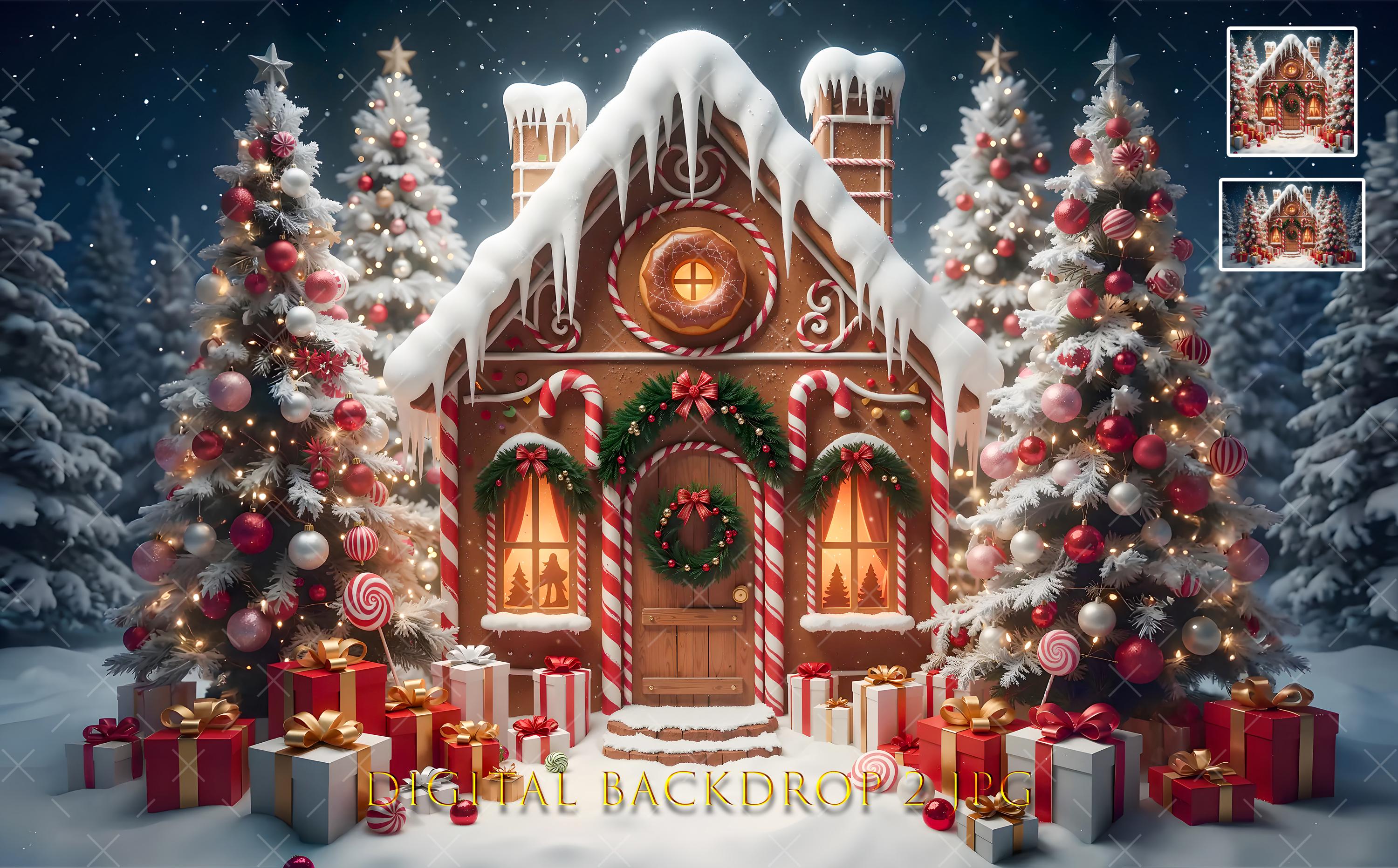 Christmas Gingerbread House Digital Backdrop, Snowy Holiday Scene With ...