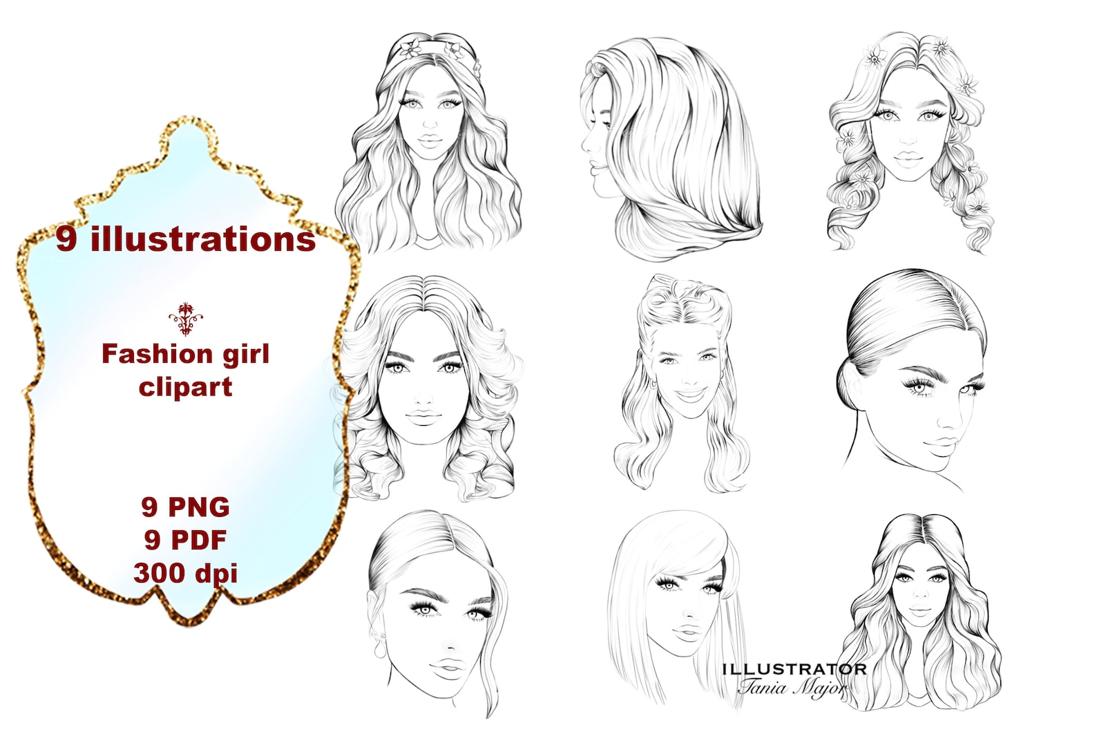 Coloring Pages, Face Clipart, Female Face PNG, Portrait Line Art, 9 PNG ...