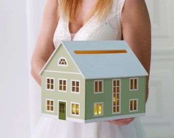 Wedding Blue Box, House Card Box Copper Paint, Wedding Metallic House ...