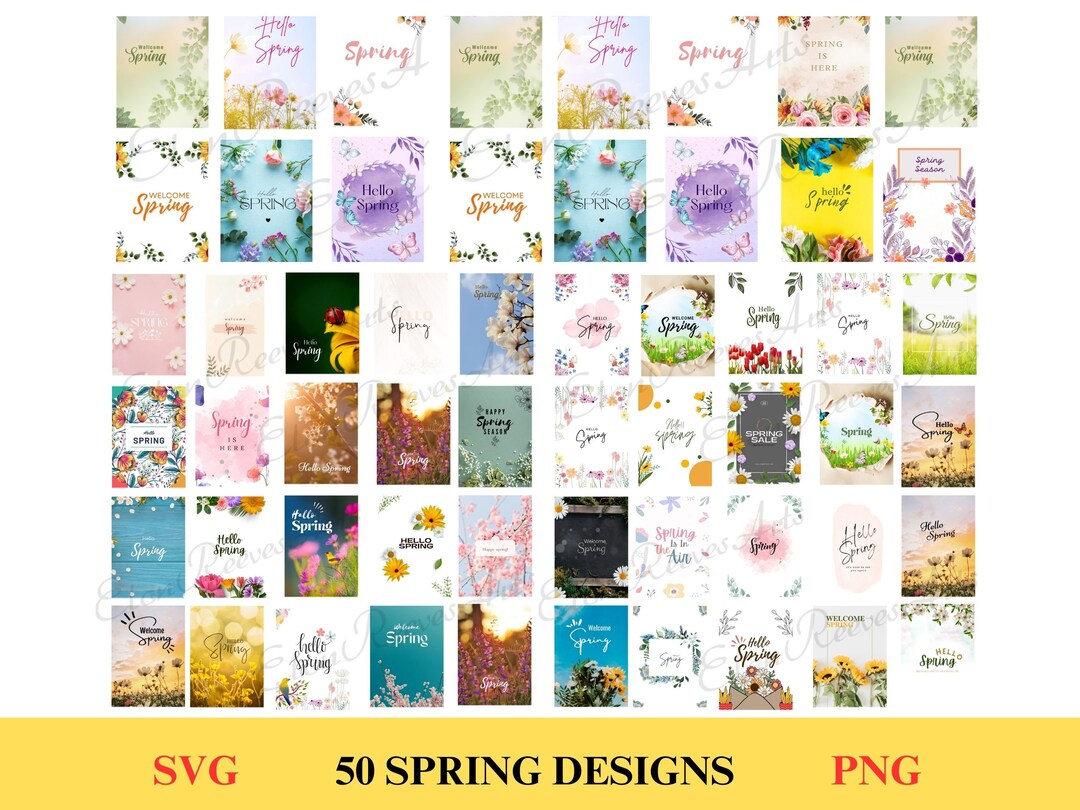 50 Spring SVG Card Set | Hello Spring Bundle | Green Grass Flowers, Floral Bird Prints | Spring ...