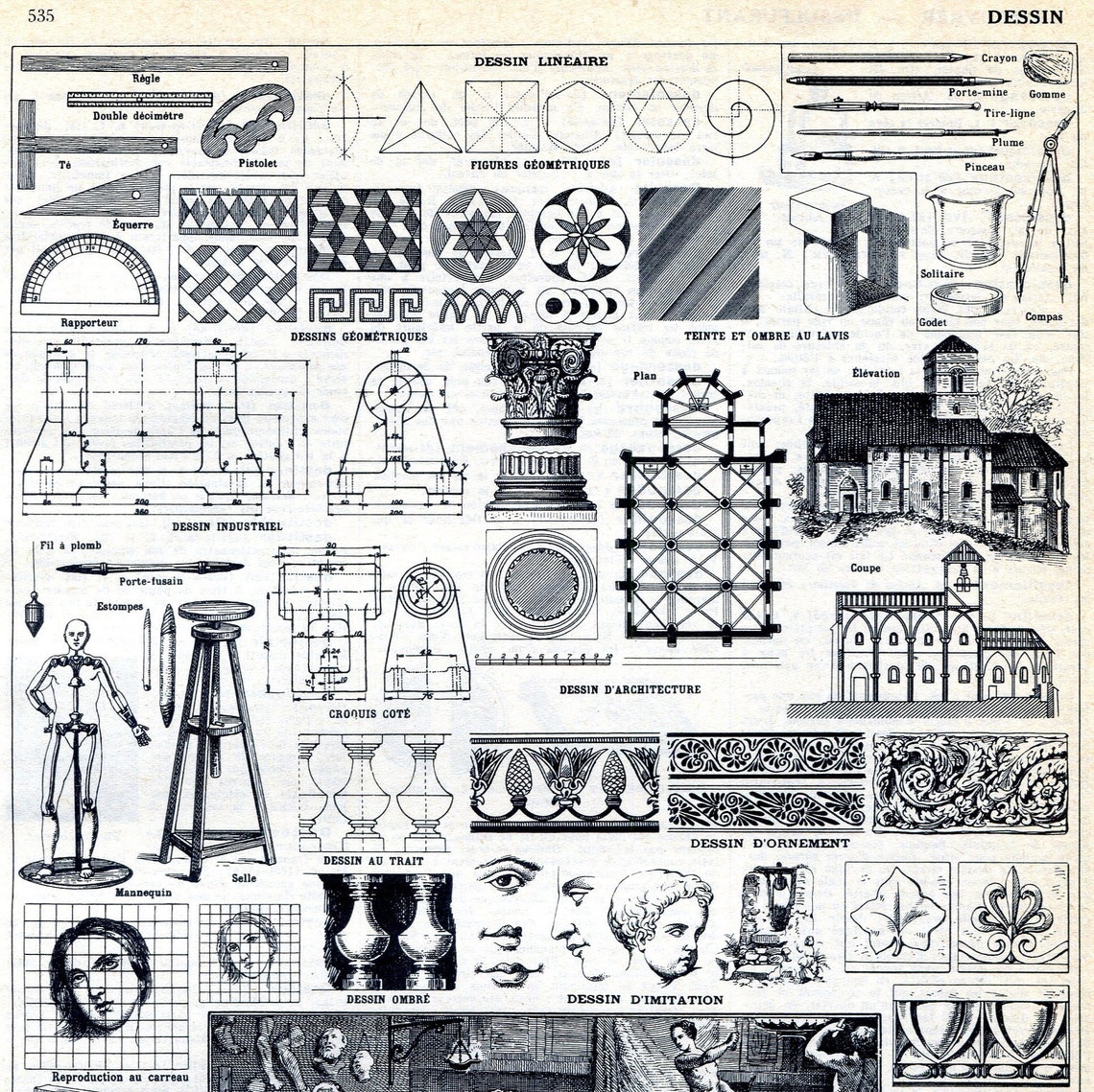 1920's Antique Drawing Techniques. French Vintage Print. Types of ...