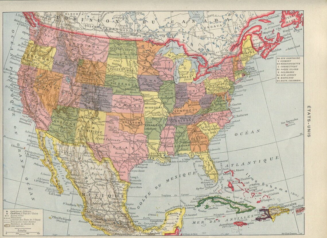 Vintage USA Map From 1931. Original Lithograph United States of America ...