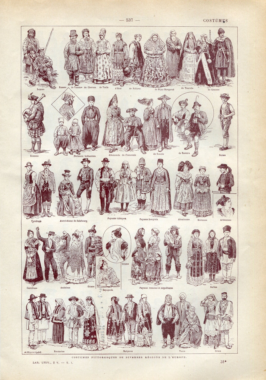 Vintage Antique European National Costumes Print. 100 YEARS OLD ...