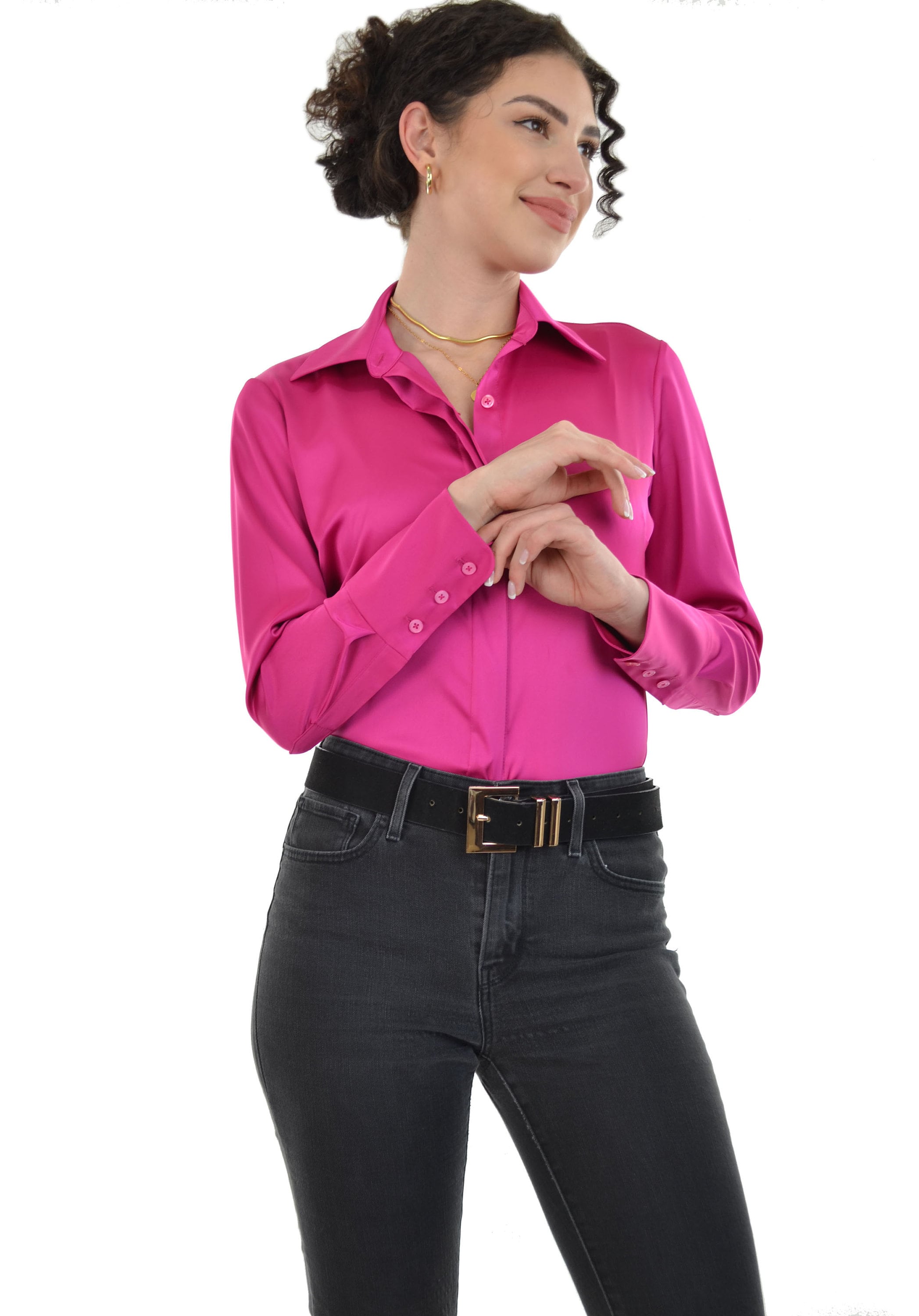 Ruby Women's Blouse Silky Satin Button Down Long Sleeve (fushia Pink ...