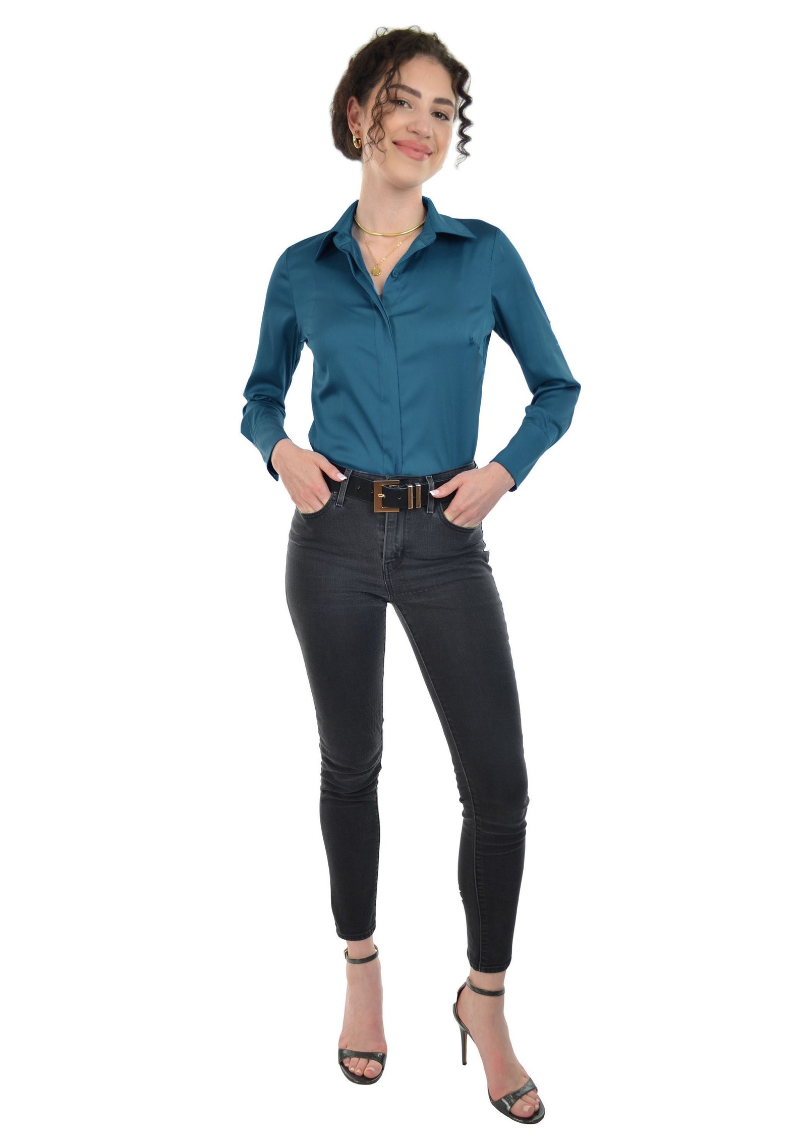Ruby Women's Blouse Silky Satin Button Down Long Sleeve (indigo Blue ...