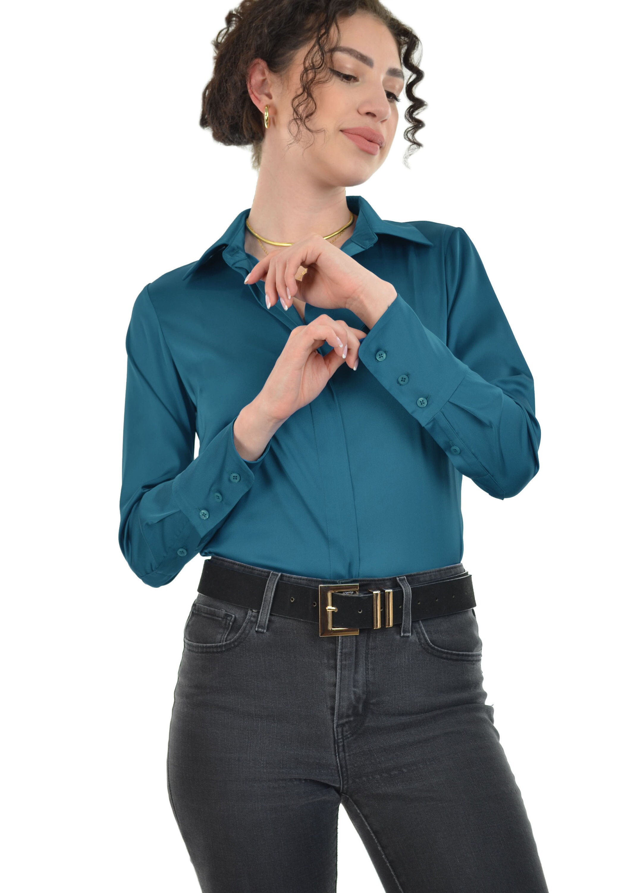 Ruby Women's Blouse Silky Satin Button Down Long Sleeve (indigo Blue ...