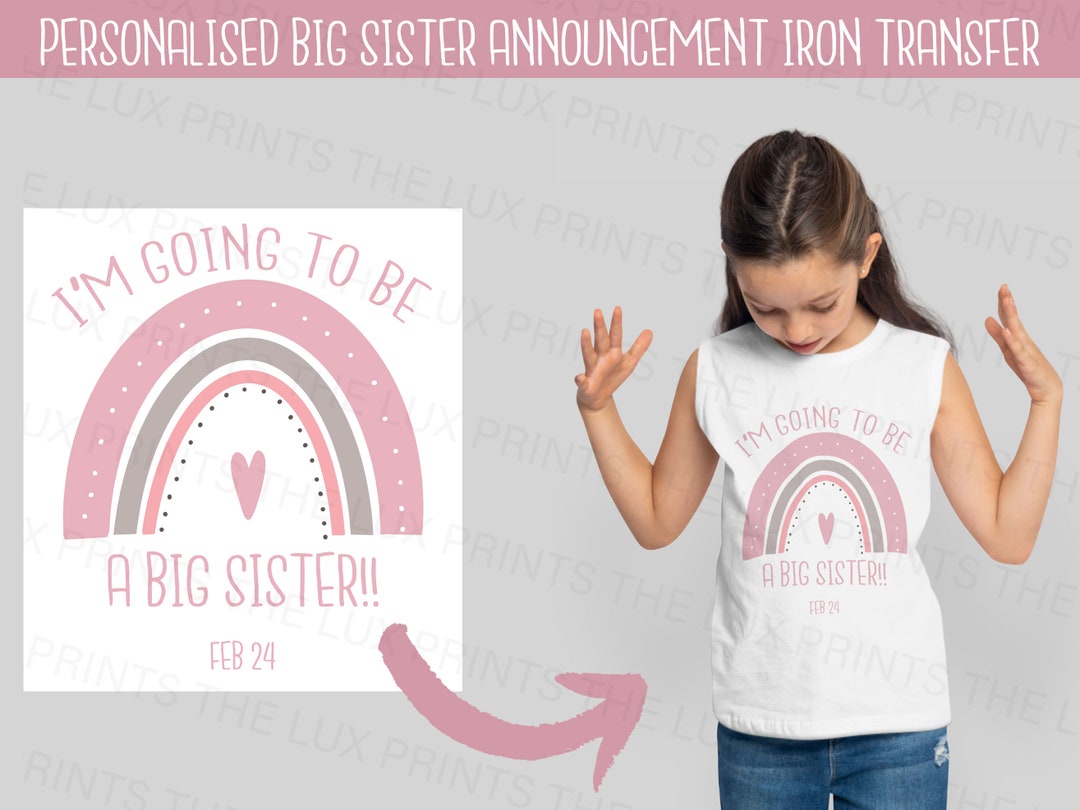 Personalised Pink Rainbow Big Sister Baby Announcement Kids Shirt Decal ...