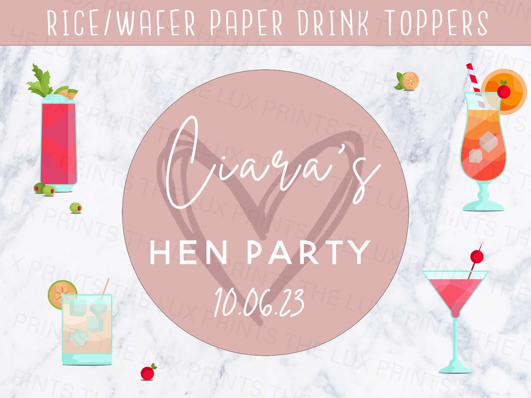 Personalised Hen Do Party Pink Heart Drink Toppers Edible Wafer Rice ...