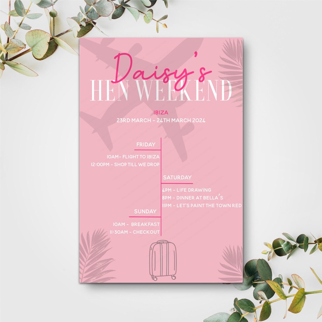 Personalised Hen Do Party Holiday Weekend Itinerary Pink & White ...