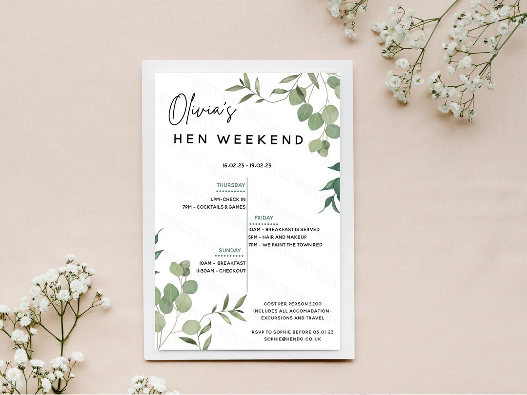 Personalised Hen Party Weekend Itinerary D3 Hen Do Invitation Wedding ...