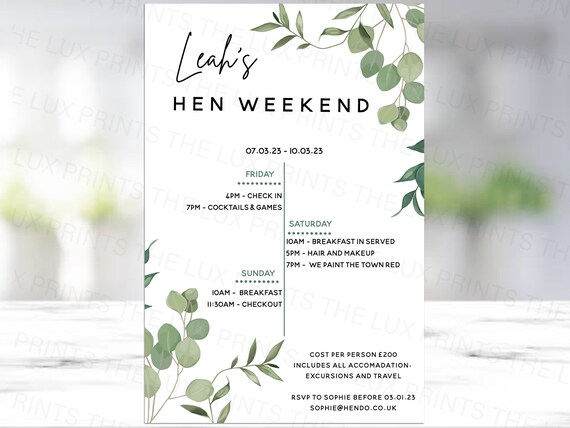 Personalised Hen Party Weekend Itinerary D3 Hen Do Invitation - Etsy UK