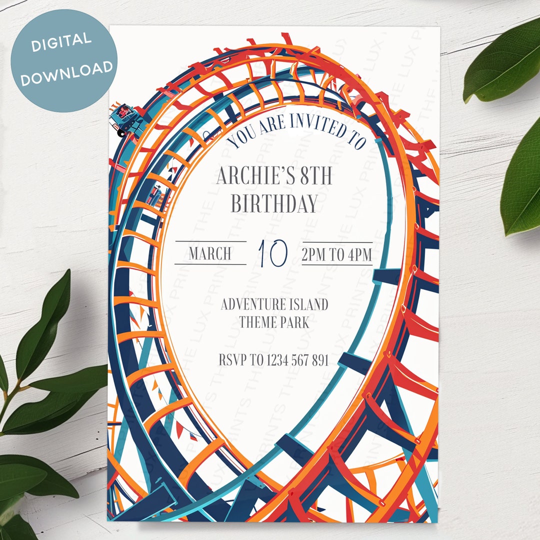 Personalised DIGITAL Rollercoaster Theme Park Amusement Birthday Party Invitation Customizable ...