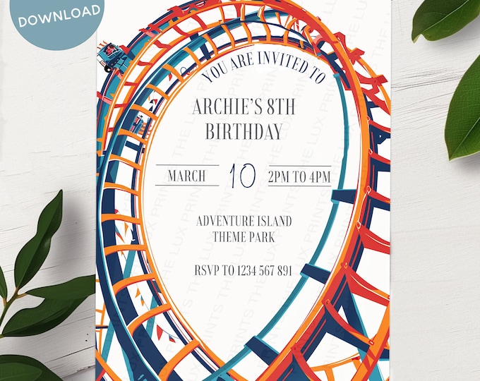 Personalised DIGITAL Rollercoaster Theme Park Amusement Birthday Party ...