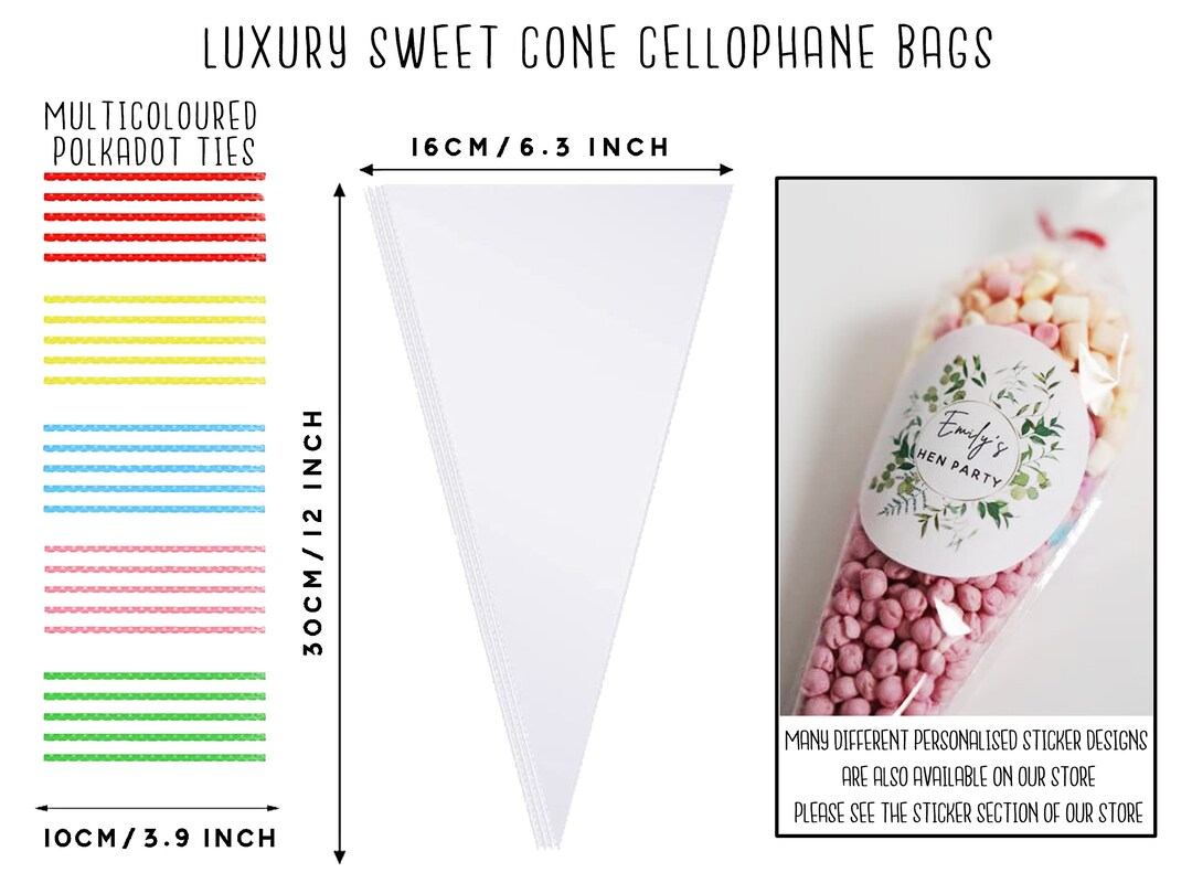 Luxury Clear Empty Cellophane Sweet Cone Bags for Party Favours Kids ...