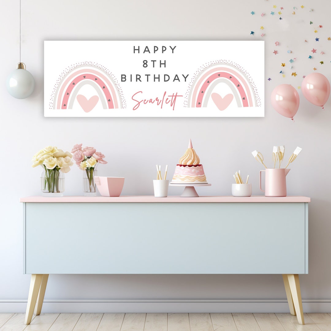 Personalised Rainbow D6 Happy Birthday Banner Pink Rainbow Wall Poster ...