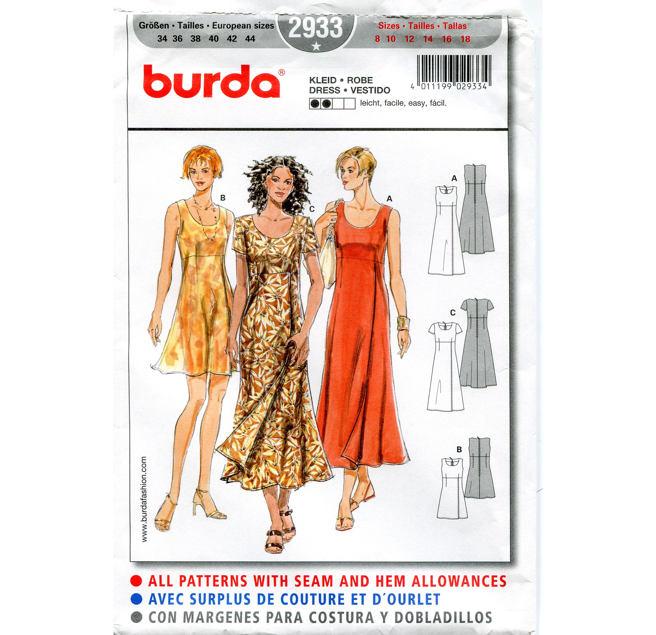 Burda Sewing Pattern 2933, Misses' Dress With Scoop Neckline Sewing ...
