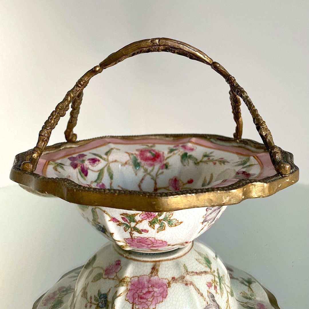 Oriental Peonies and Lilies off White Candy Dish With Handle. Beautiful ...