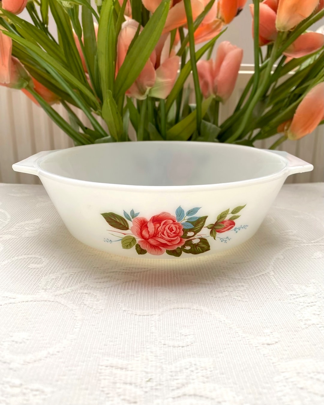 JAJ England Mid-century Pyrex Dish: White Opaline With Pink Rose - Etsy