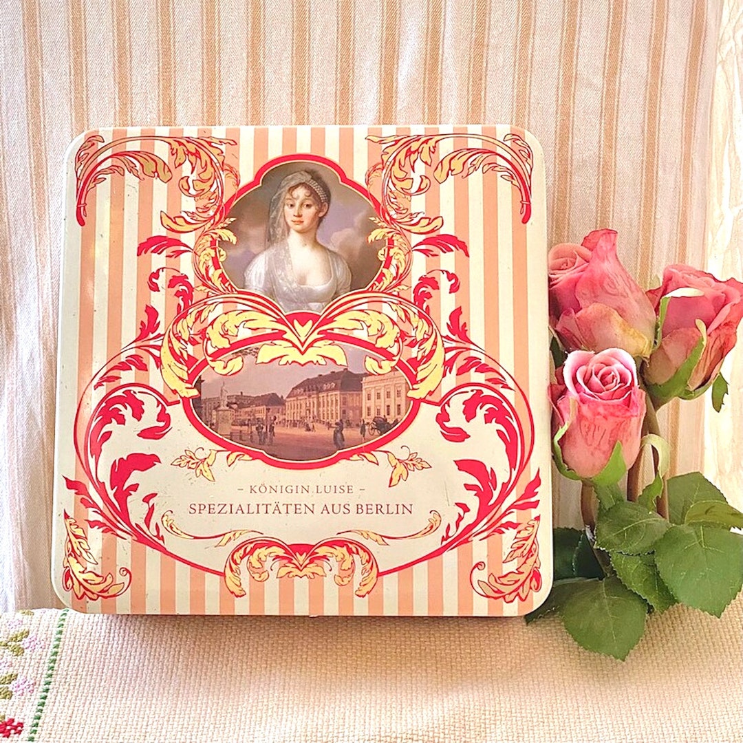 Vintage German Square Biscuit Tin With Pink Stripes. Nostalgic Empire ...