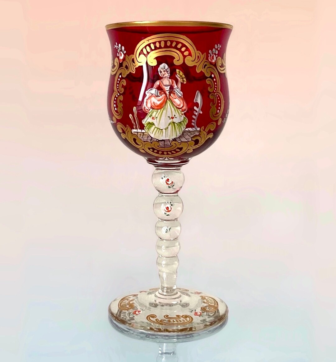 Rococo Lady and Floral Decor on Gorgeous Ruby Red Footed Wine Glass ...