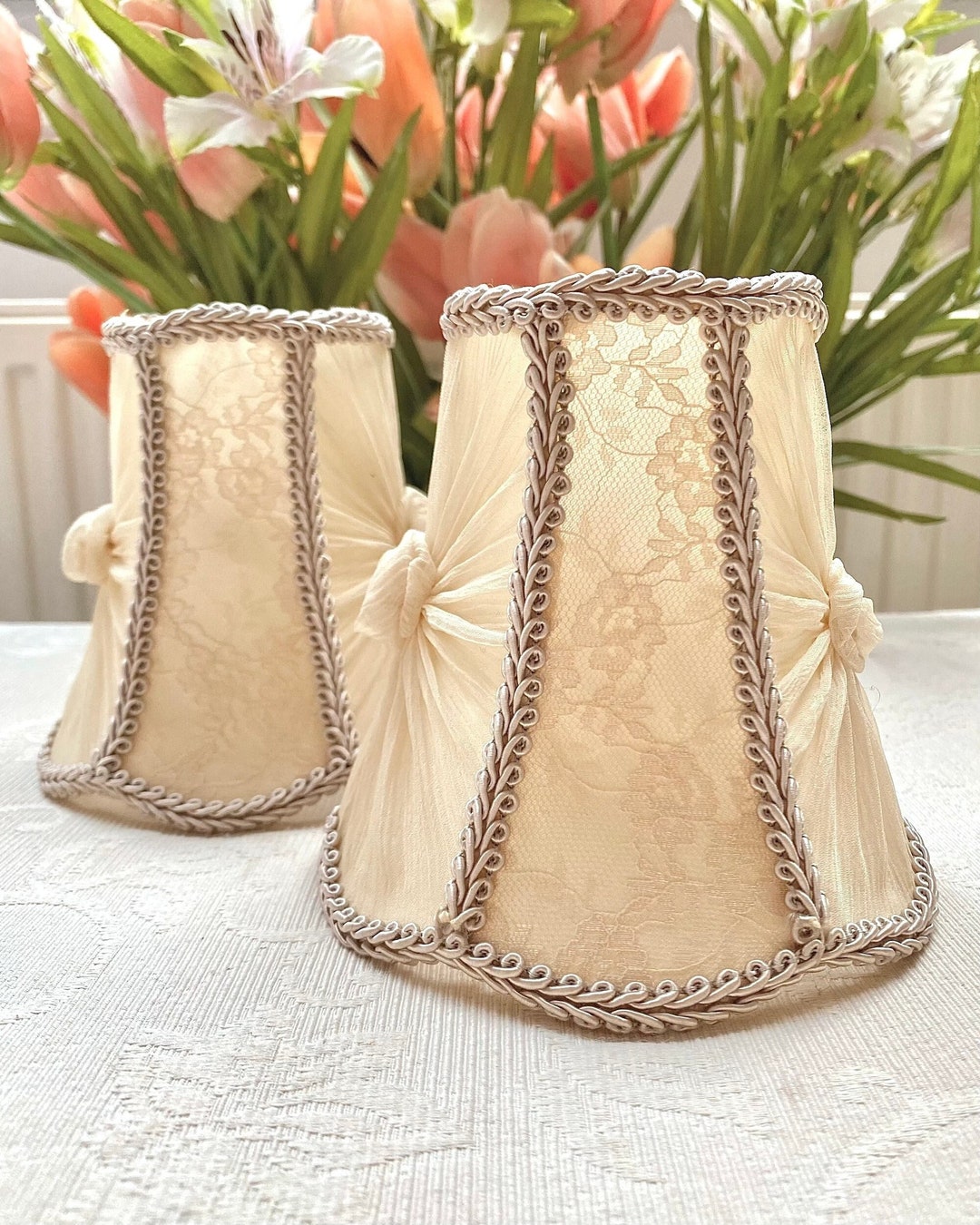 SET OF 2 Fine Condition Petite Lace Boudoir Lamp Shades With Creamy ...